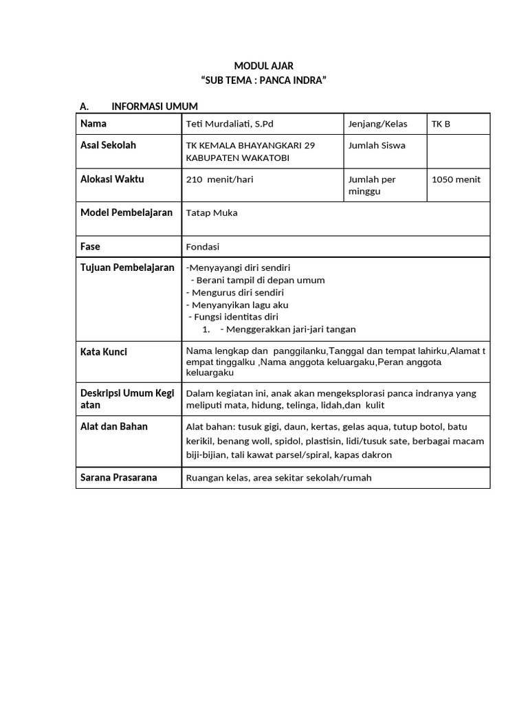 Modul Ajar TK B: Panca Indra | PDF