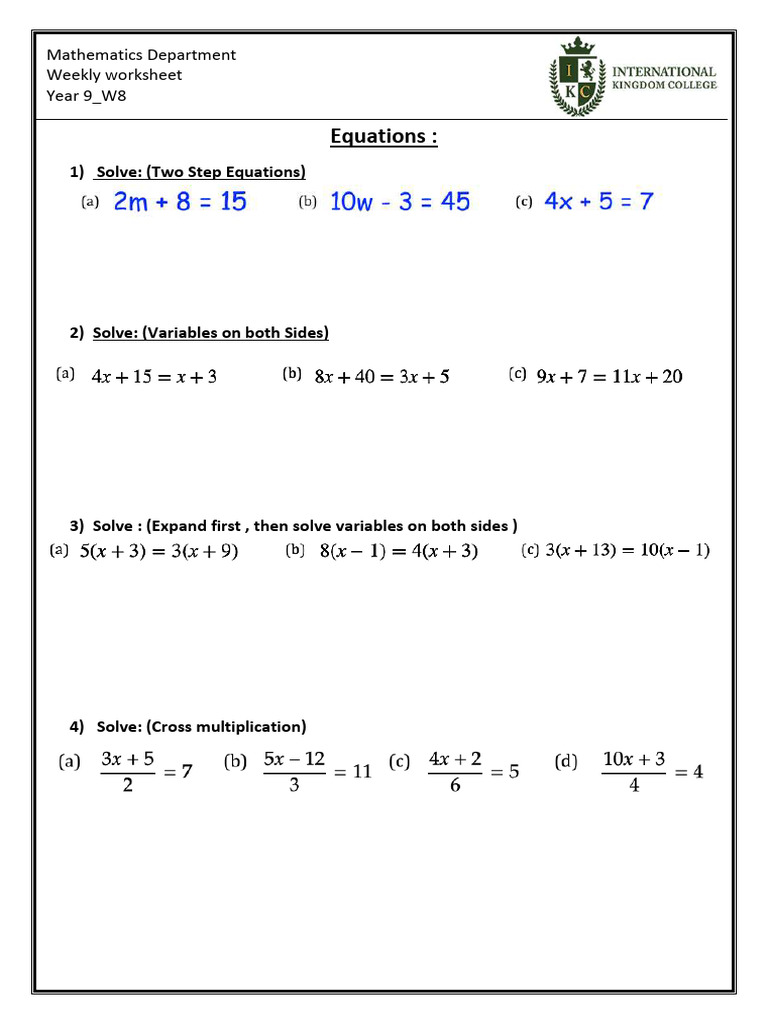 Maths Y9 - W8 - Homework Worksheet (Eqauations and Alg - Farctions) | PDF