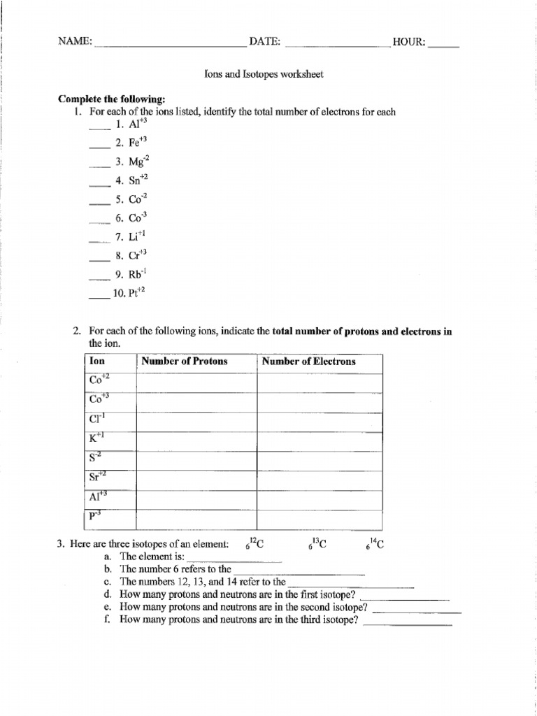 Ions and Isotopes Worksheet Grade 8 | PDF