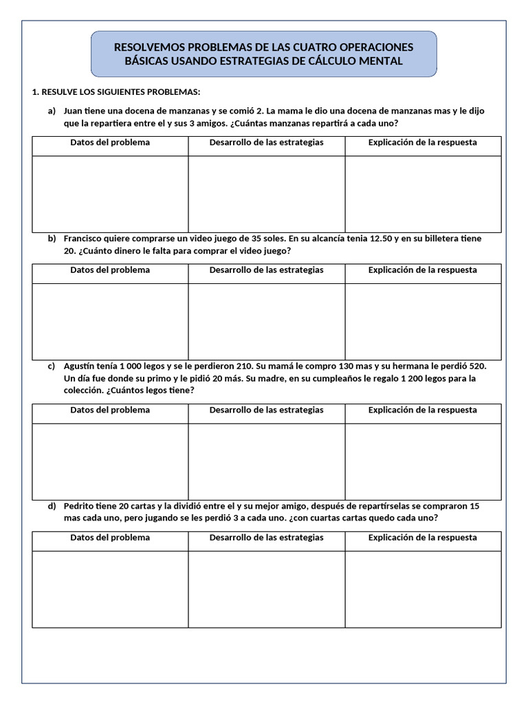 Problemas de Las Cuatro Operaciones Básicas Usando Estrategias de ...