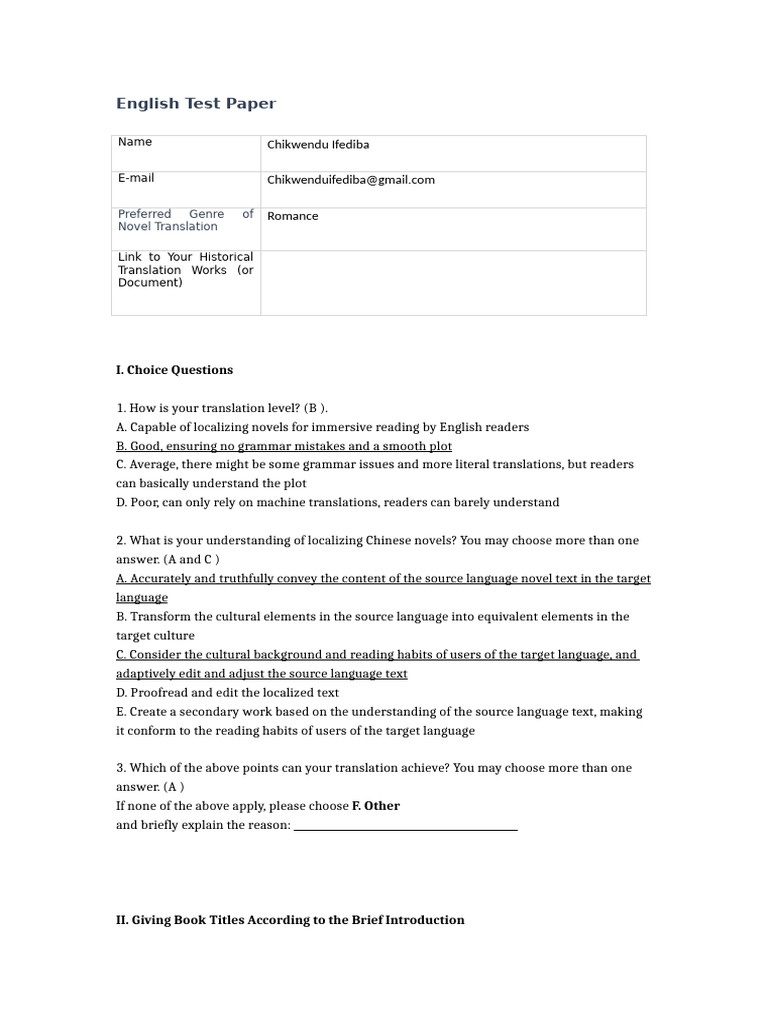 English Novel Translation Test Paper | PDF | Translations | Novels