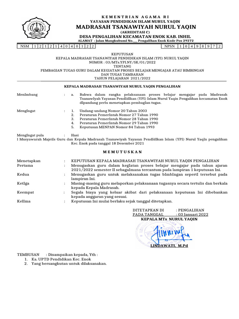 SK PEMBAGIAN TUGAS MTs | PDF