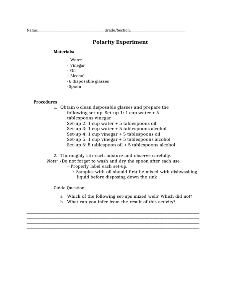 Polarity Experiment: Mixing Liquids | PDF