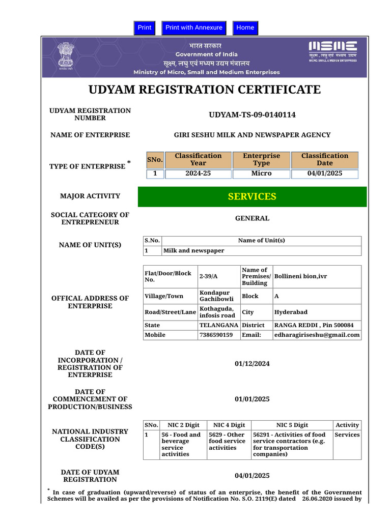Print - Udyam Registration Certificate | PDF