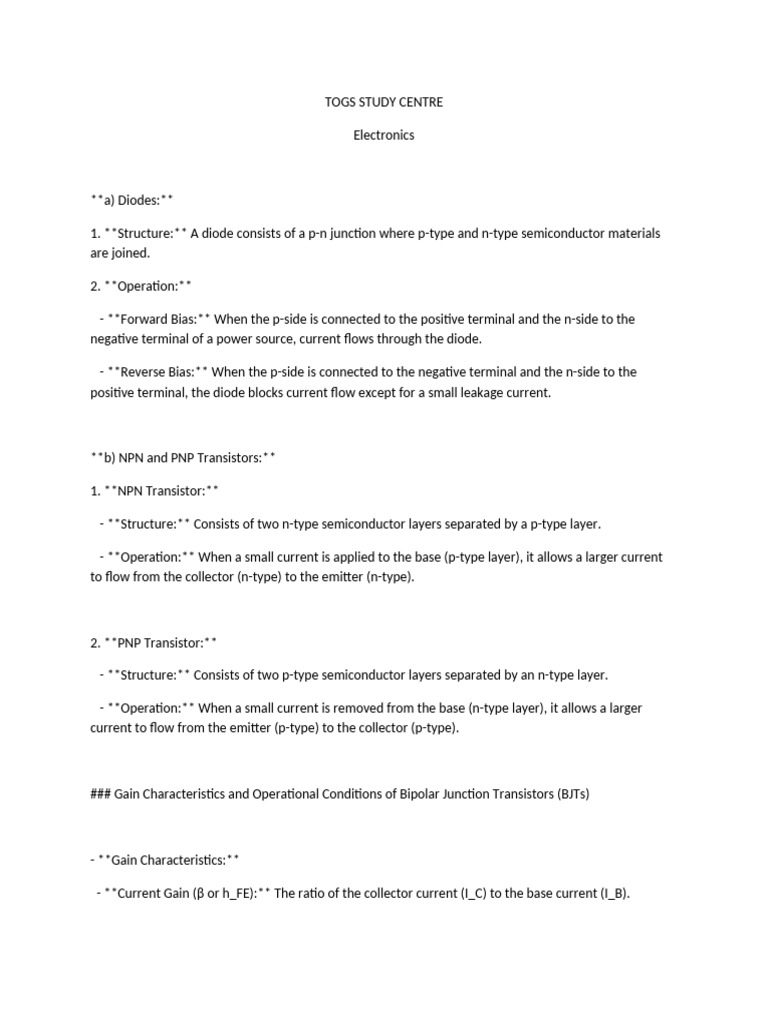 TOGS STUDY CENT-Electronis 1 | PDF | Bipolar Junction Transistor ...