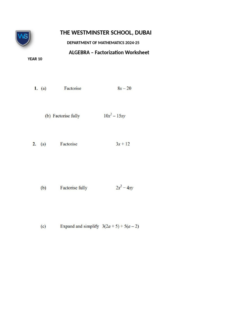 Algebra Factorization Worksheet | PDF