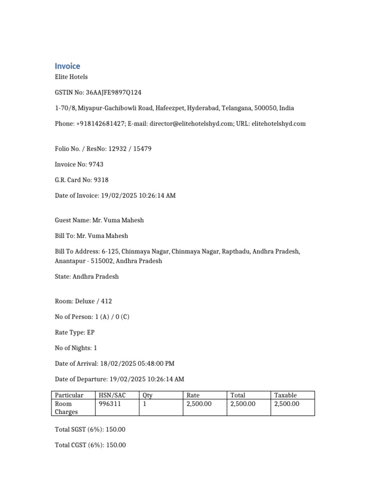 Invoice Elite Hotels | PDF