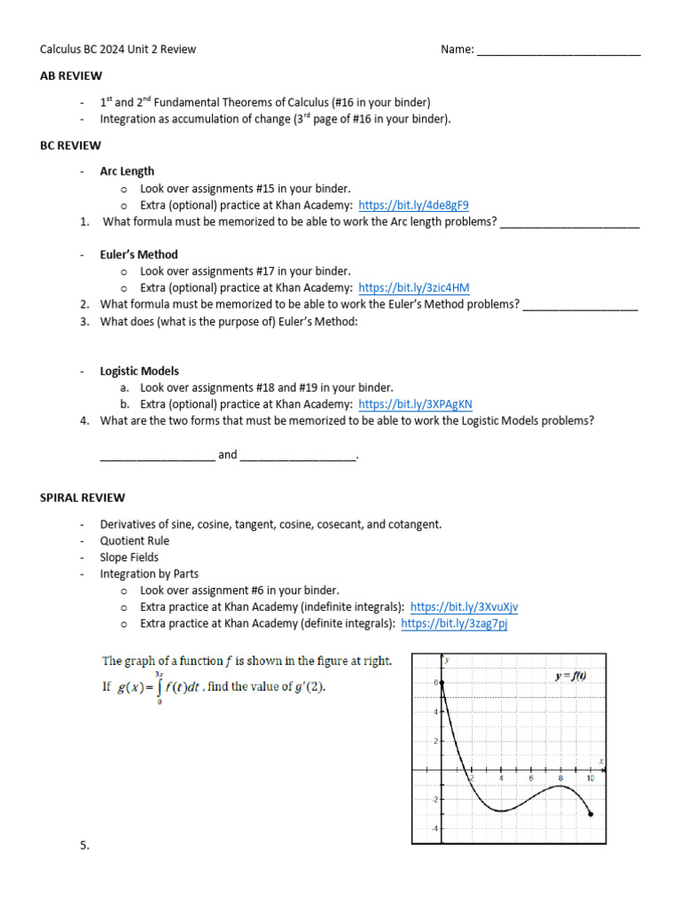 Calculus BC 2024 Unit 2 Review Guide | PDF