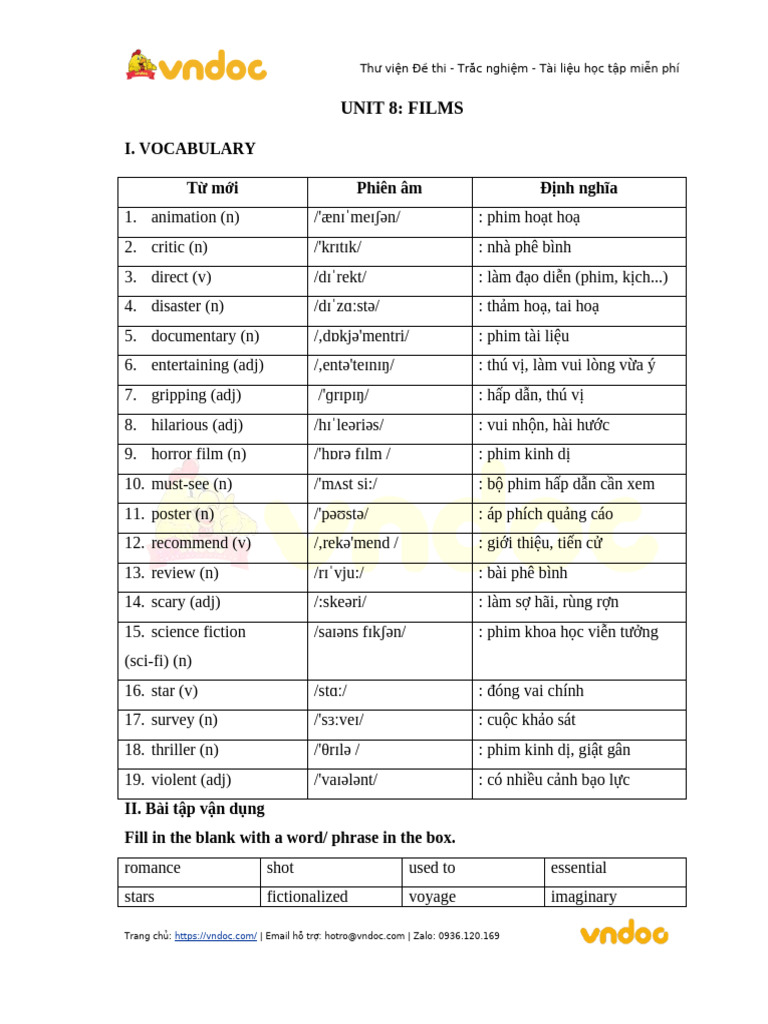 Tu Vung Tieng Anh Lop 7 Unit 8 Films | PDF