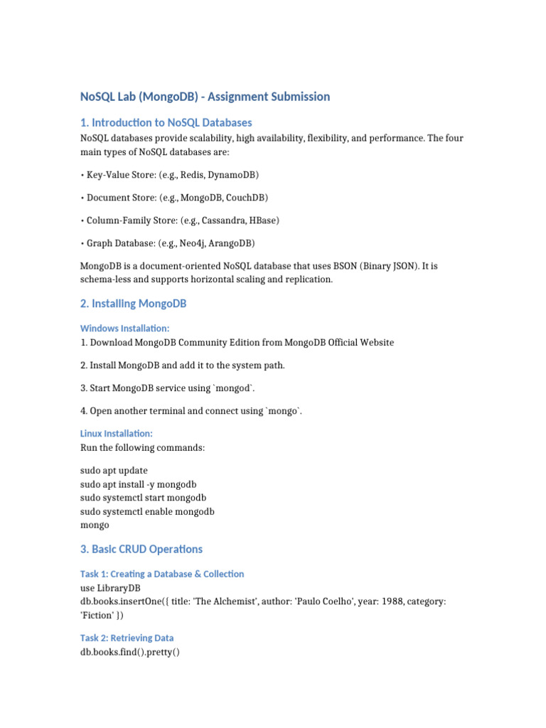 NoSQL Lab MongoDB Submission | PDF | No Sql | Mongo Db