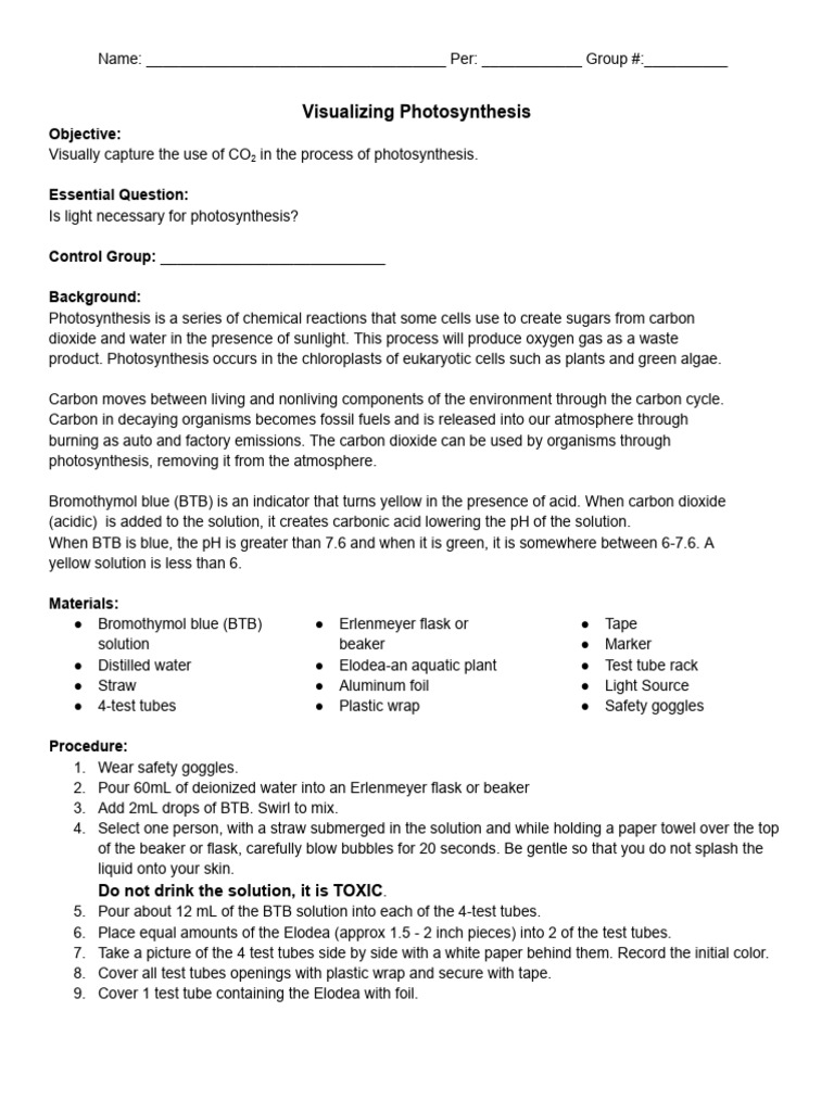Photosynthesis Experiment with BTB | PDF | Photosynthesis | Carbon Dioxide
