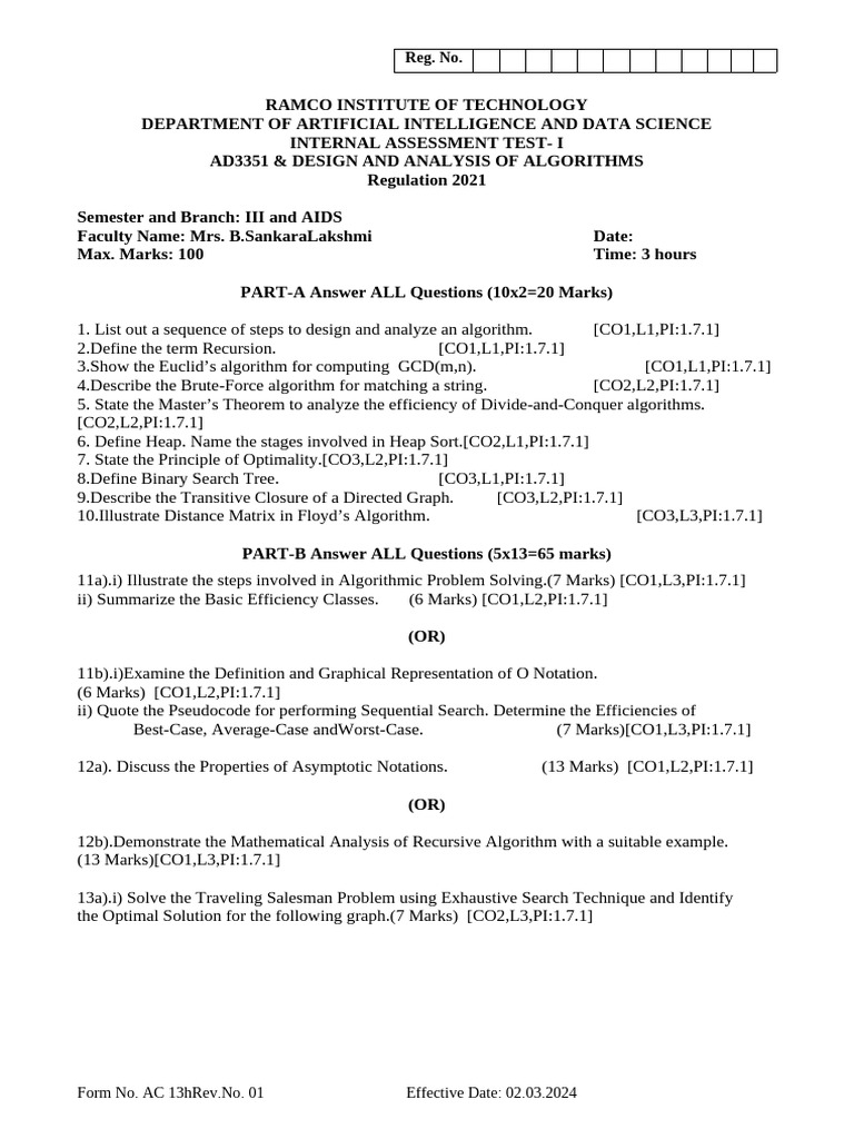 AD_3351_-_IAT_I_Qn Set1 | PDF | Algorithms | Theoretical Computer Science