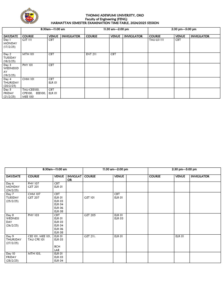 2024 - 2025 Updated Harmattan Semester Time Table Separated East Campus ...