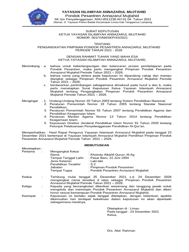 Contoh SK Untuk Pimpinan Dan Guru | PDF