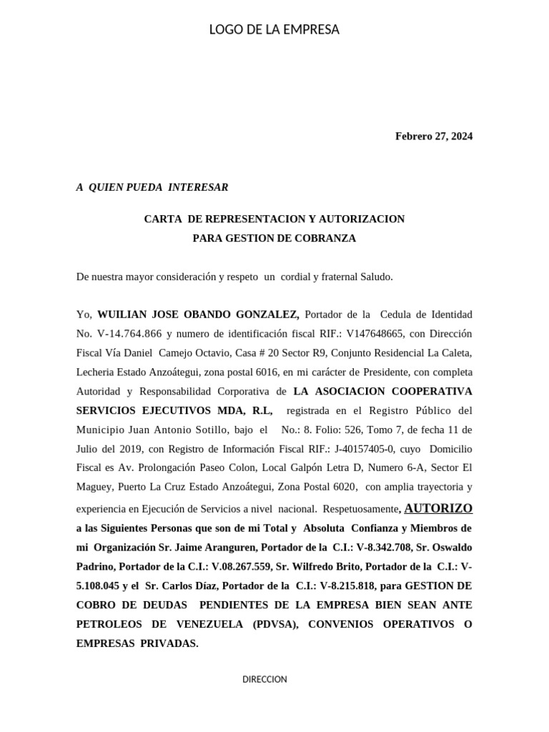 Carta de Representacion ASOCIACION COOPERATIVA SERVICIOS EJECUTIVOS MDA ...