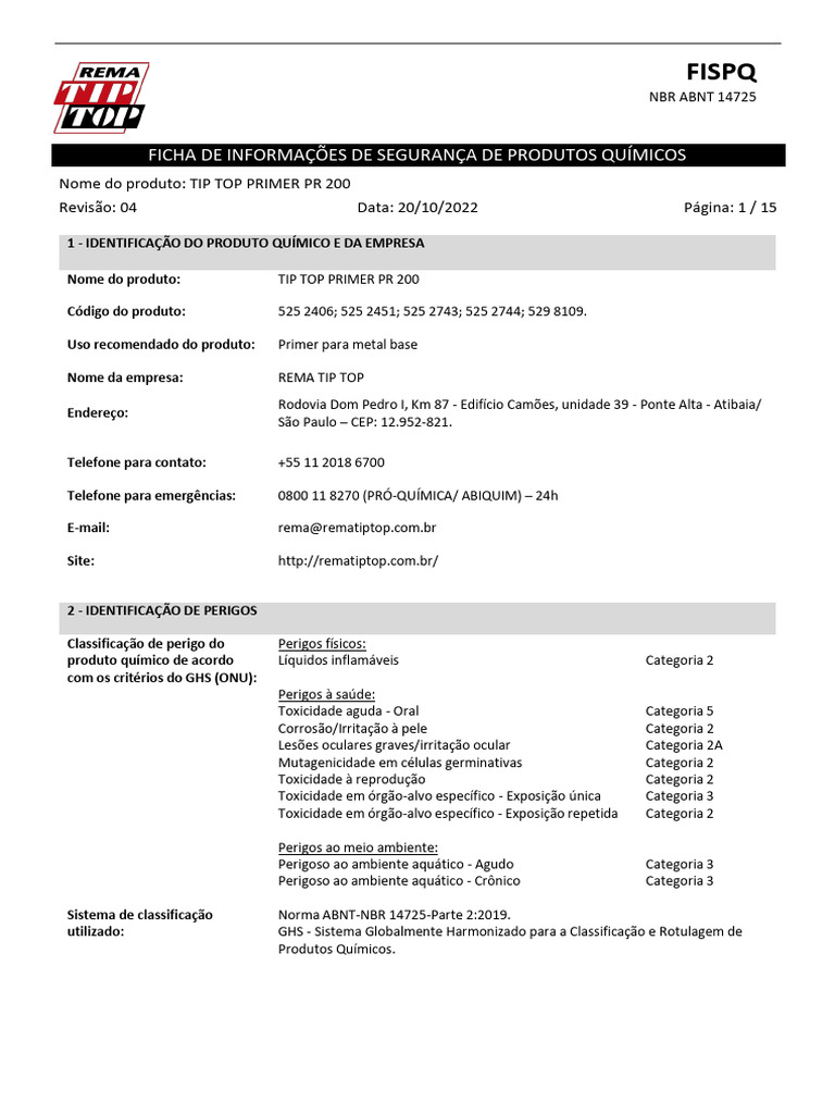 FISPQ Tip Top Primer PR 200: Segurança Química | PDF