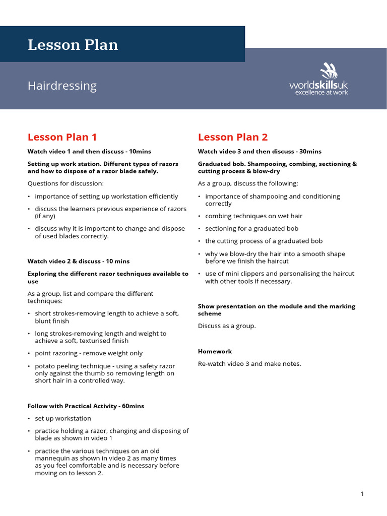 Hairdressing Lesson Plan Advanced | PDF | Razor | Hairstyle