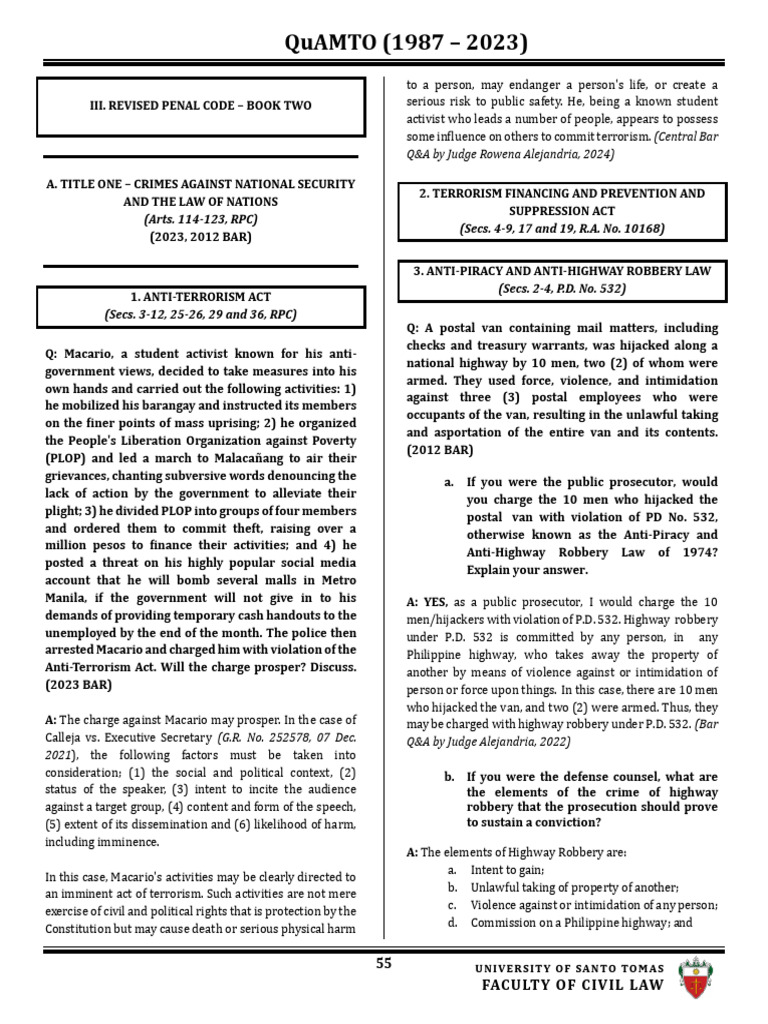 PRELIMS BAR Q AND A 2024 | PDF | Assault | Crimes