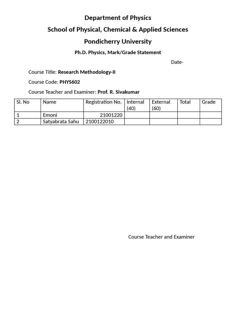 Course Work Mark Statement | PDF