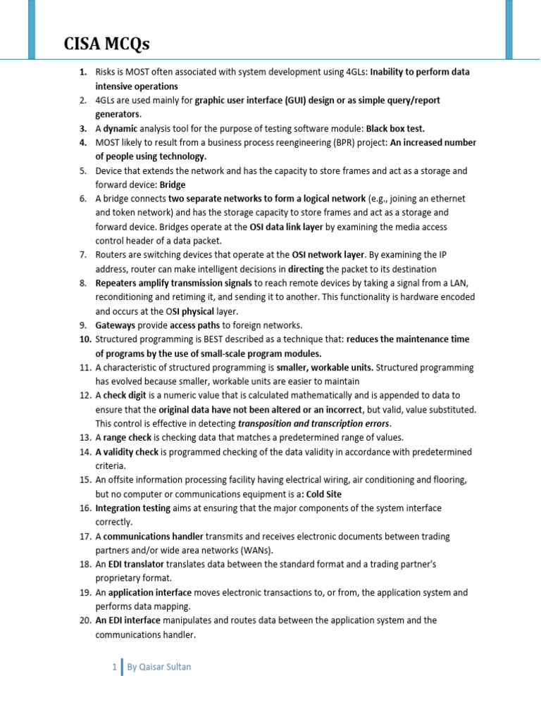 CISA MCQs For CMA Qaisar Sultan | PDF | Computer Network | Audit