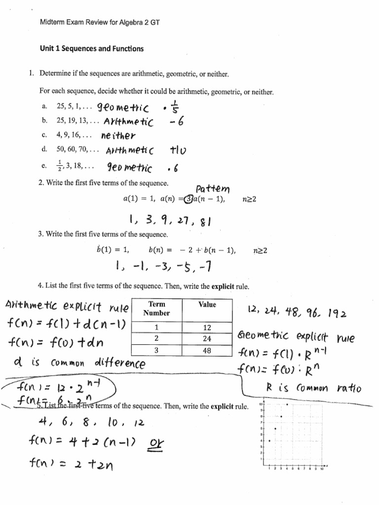 Algebra 2 GT Midterm Review Answer Key | PDF