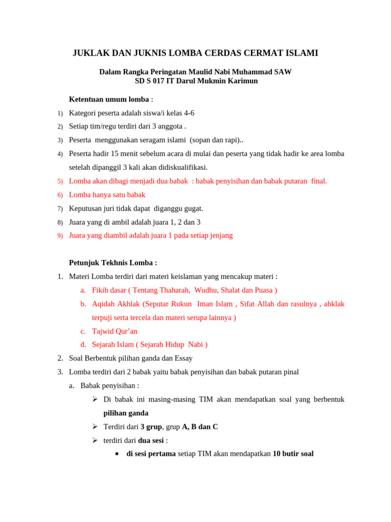 JUKLAK DAN JUKNIS LOMBA CERDAS CERMAT ISLAMI Rohim | PDF