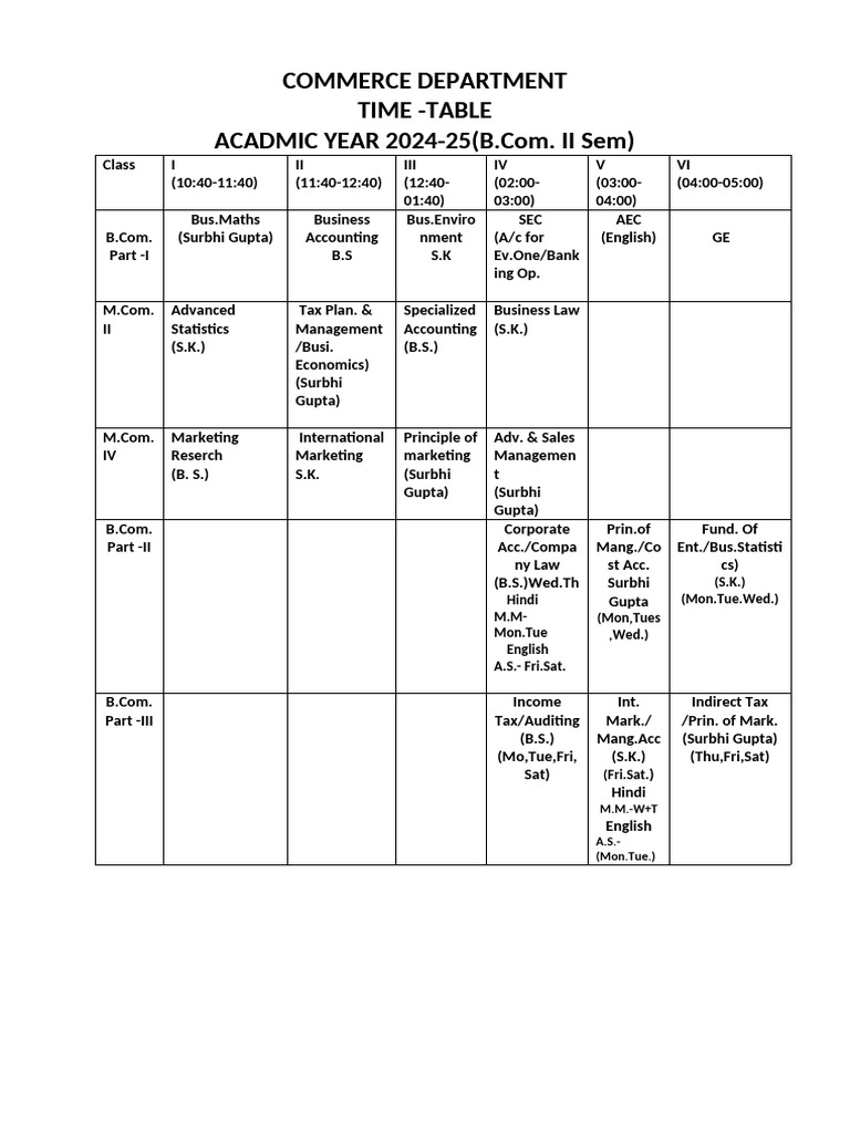 Commerce Timetable 2024-25 | PDF | Economies