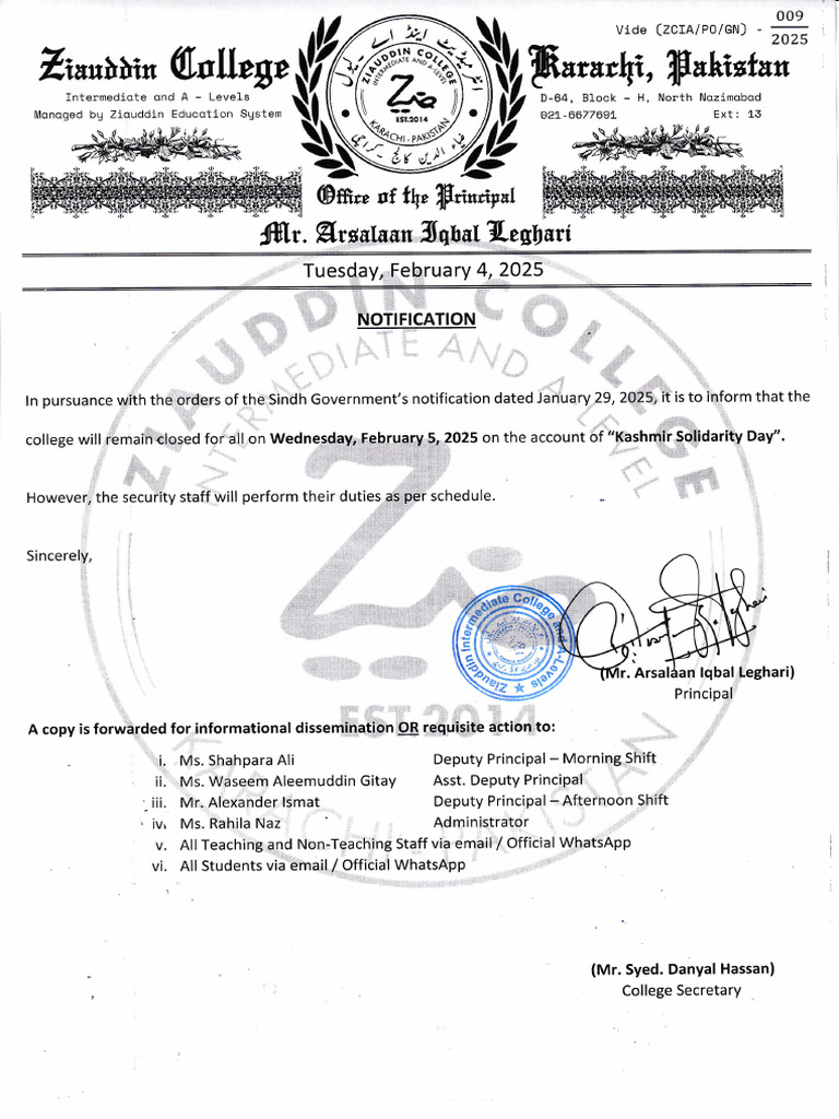 Office of The Principal - Notification - 20250204 - 0001 | PDF