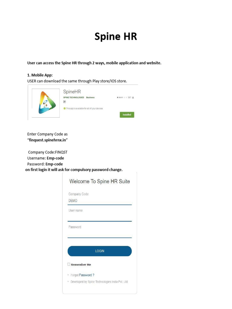 Accessing Spine HR: Mobile & Web Guide | PDF