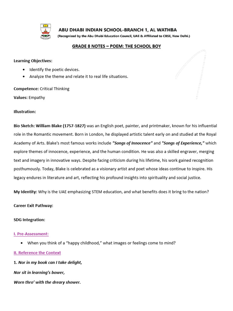 Analyzing "The School Boy" Poem | PDF | William Blake | Happiness