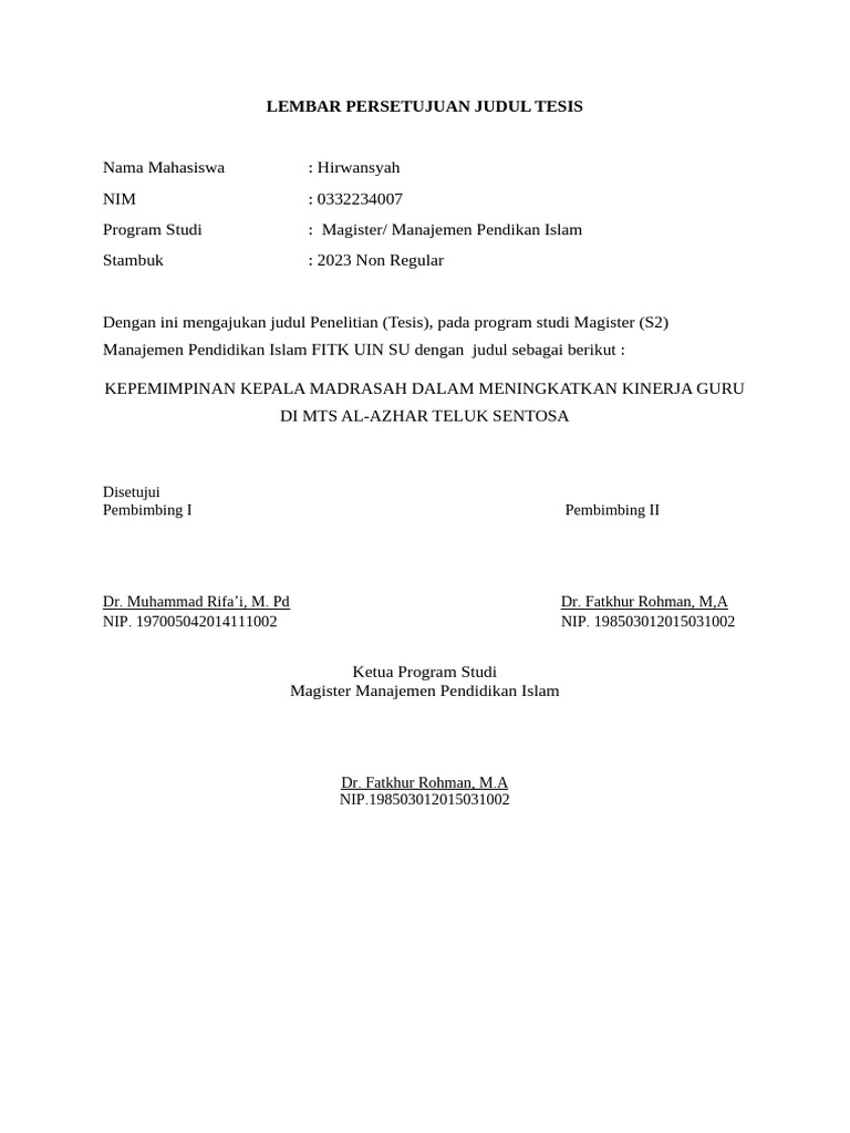 Form Pengajuan Judul Tesis S2 Mpi (Hirwansyah) | PDF