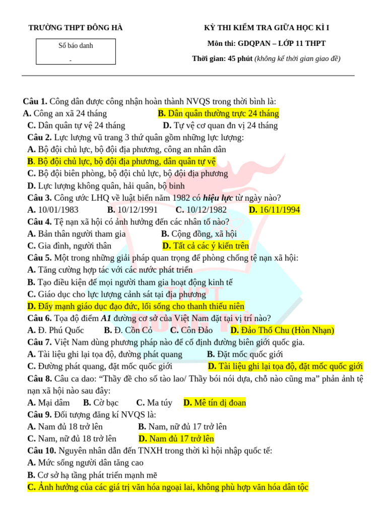 ĐỀ THI GDQP 11 | PDF