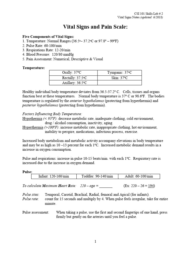 CSI 101 Skills Lab 2 Notes Updated 6-27-18 | PDF | Blood Pressure | Pulse