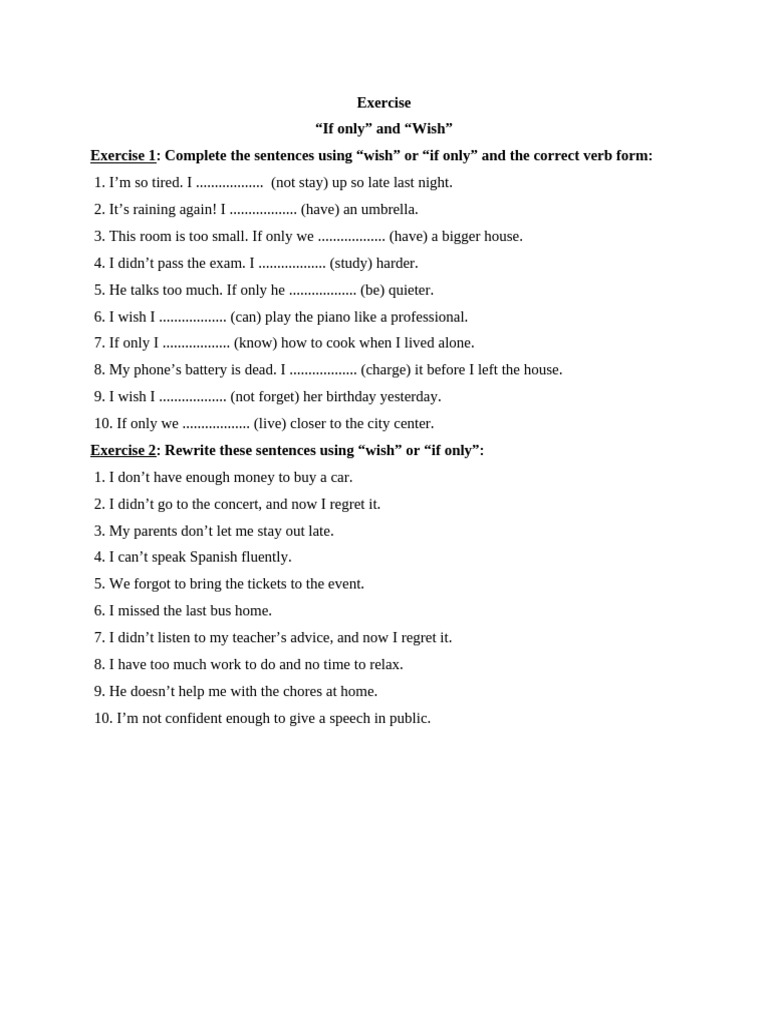 Wish and If Only Exercises for Grade 7 | PDF