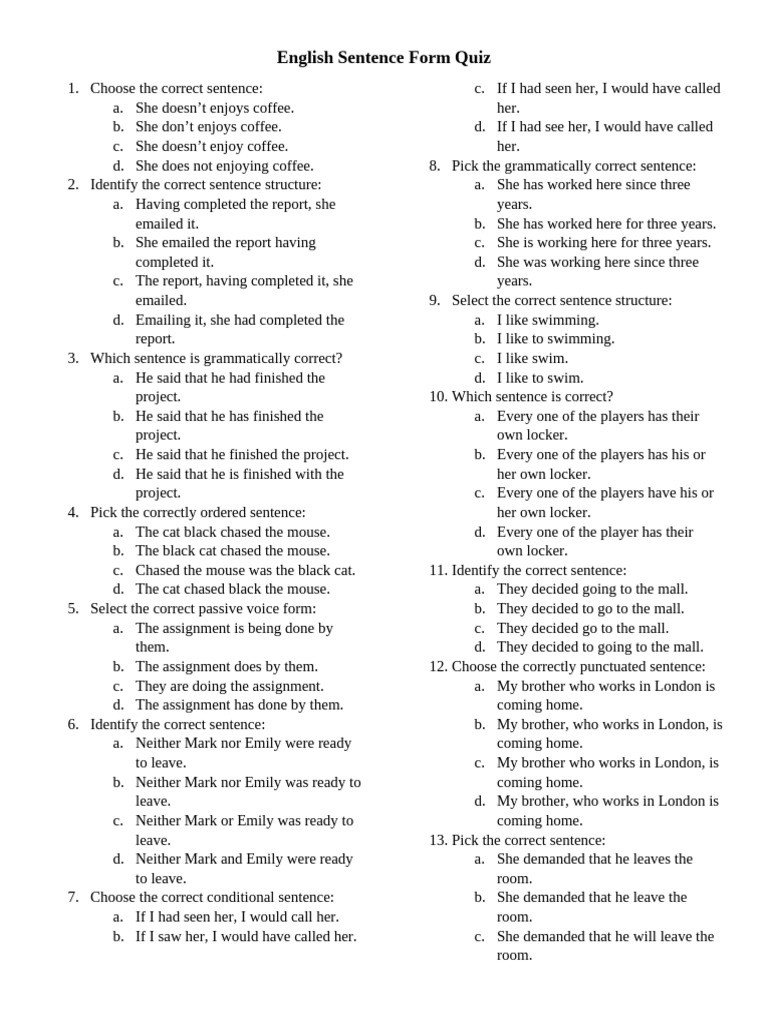 English Sentence Structure Quiz | PDF