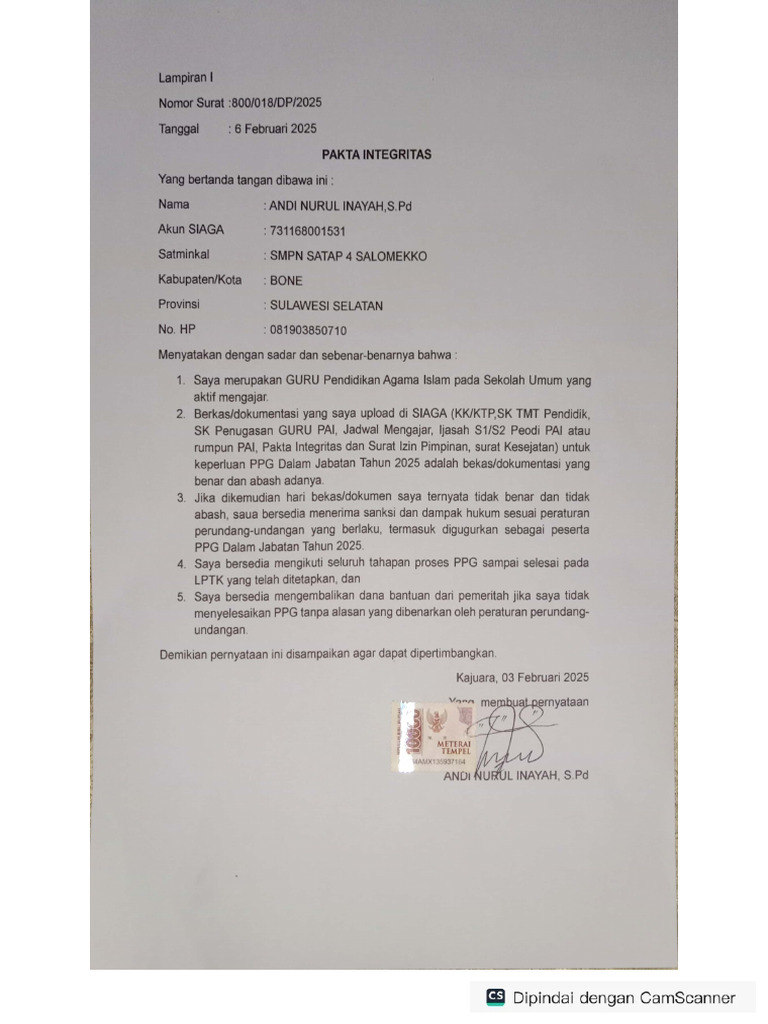 Pakta integritas Andi Nurul Inayah | PDF