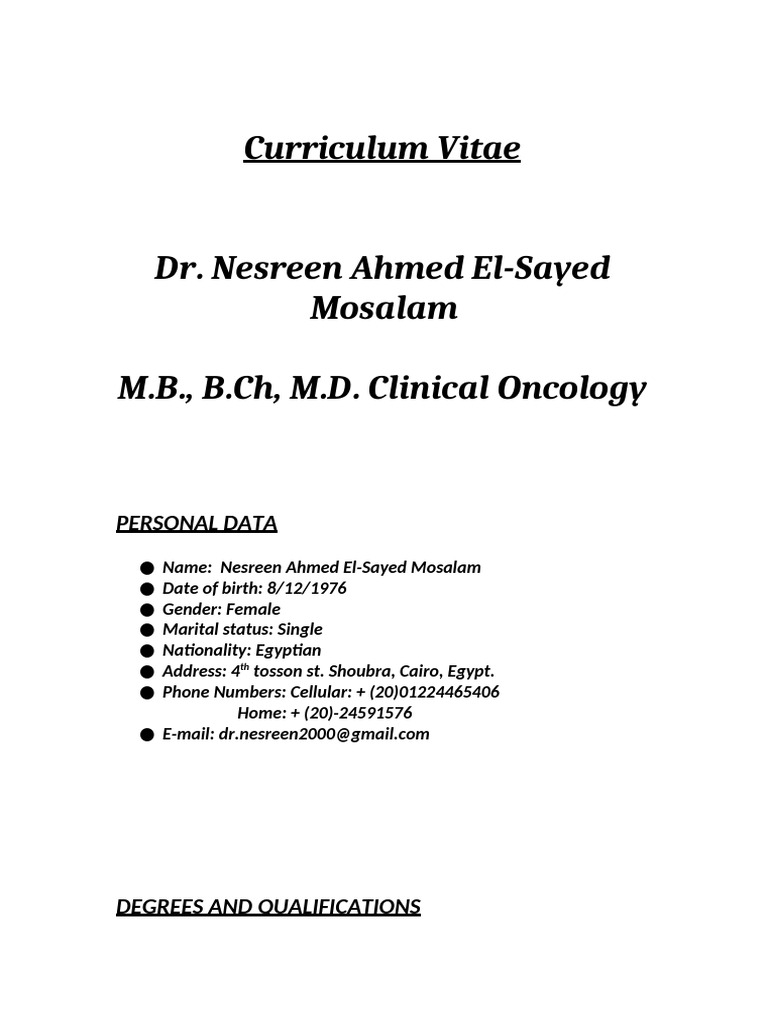 Nesreen CV Final | PDF | Oncology | Medicine