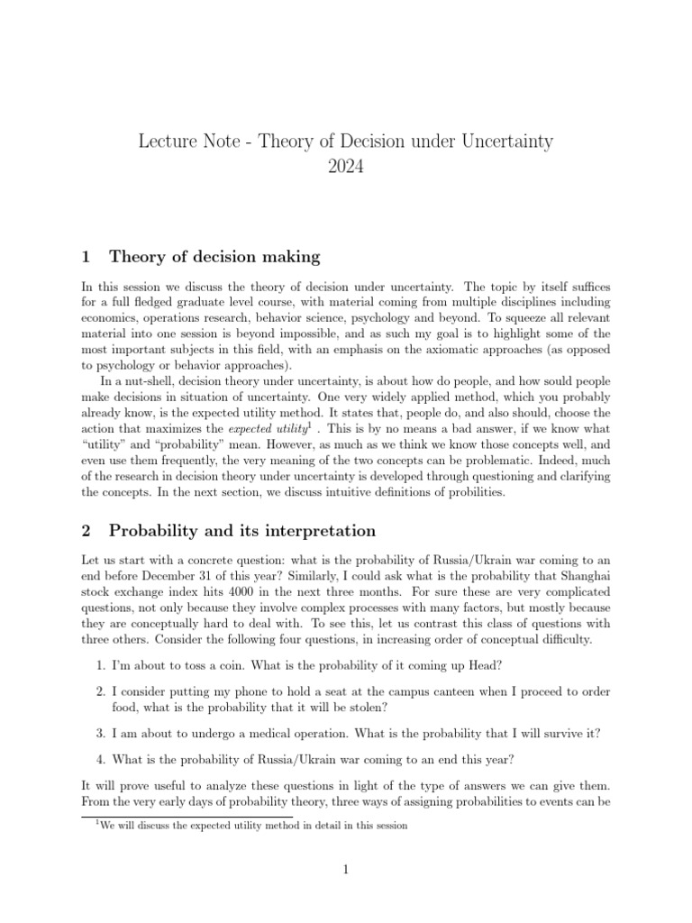 Decision Theory Under Uncertainty Explained | PDF | Utility | Decision ...