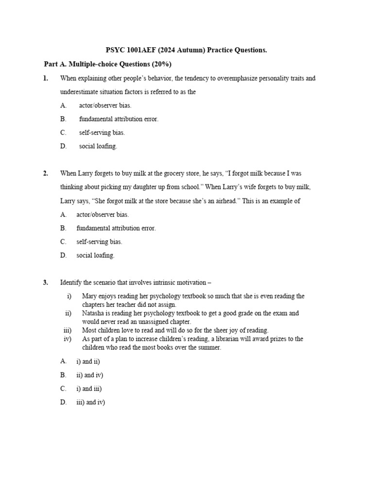 PSYC 1001AEF Autumn 2024 Practice Questions | PDF | Memory | Schizophrenia