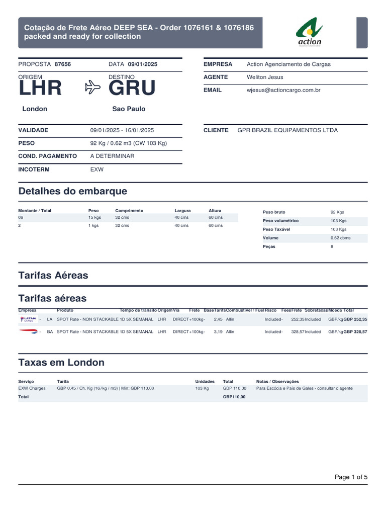 GPRBRAZILEQUIPAMENTOSLTDA LHR GRU Quote 87656 | PDF | Dinheiro | Business