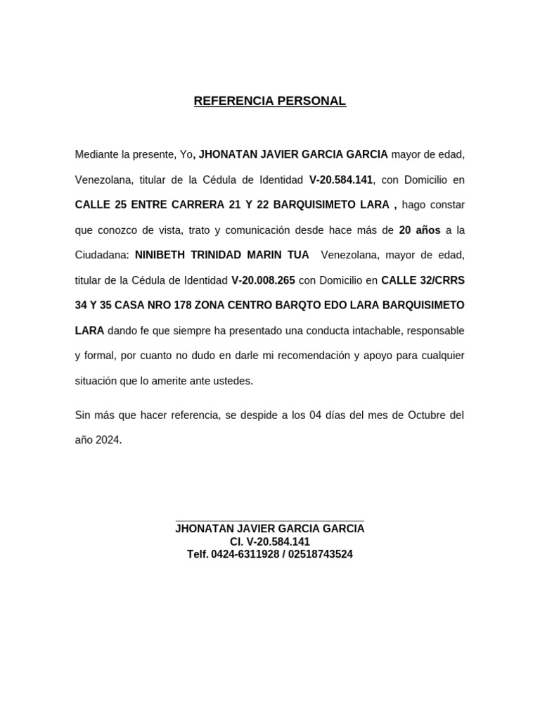 Carta de Referencia Ninibeth | PDF