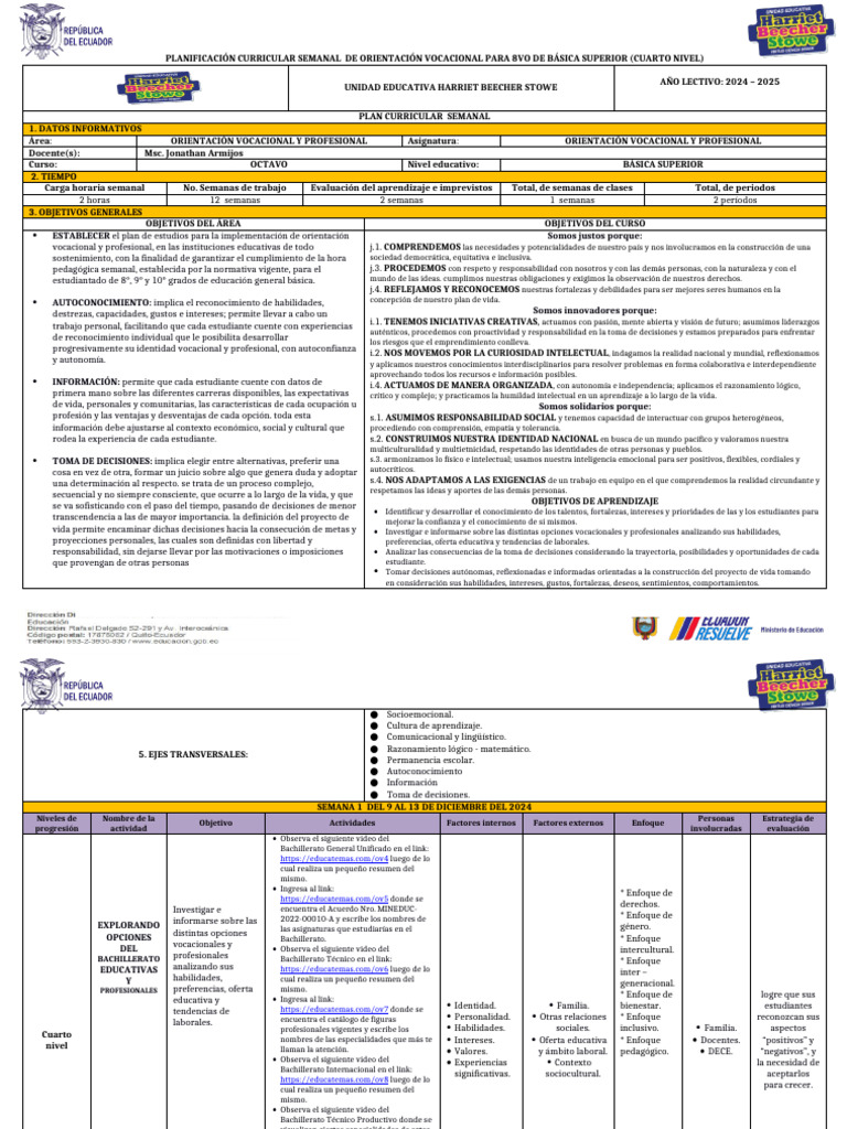 Plan Semanal 8vo Orientacion | PDF | Toma de decisiones | Aprendizaje