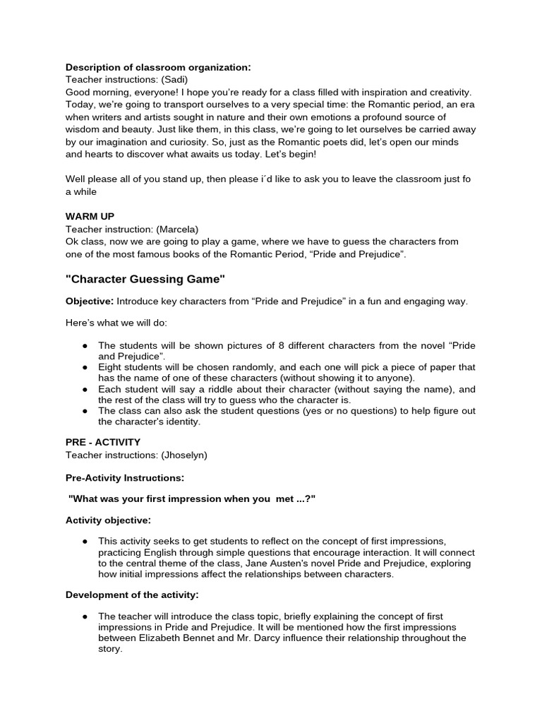 Lesson Plan - Instructions | PDF | Mr. Darcy | Pride And Prejudice