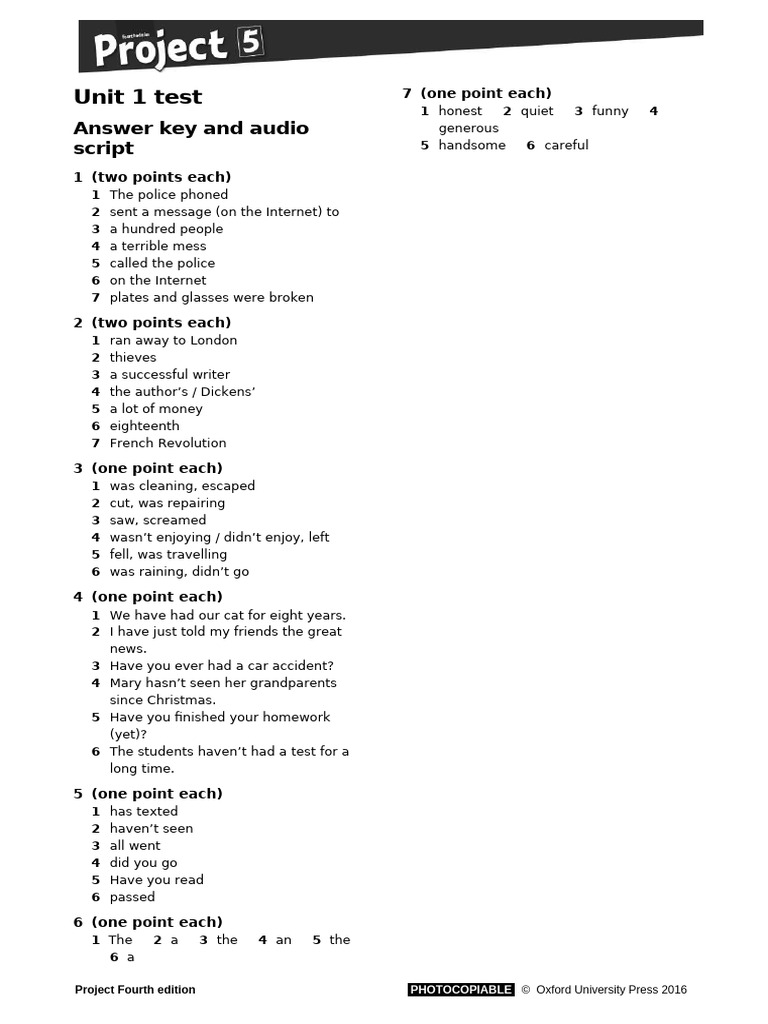 Unit 1 Test Answer Key & Audioscript | PDF