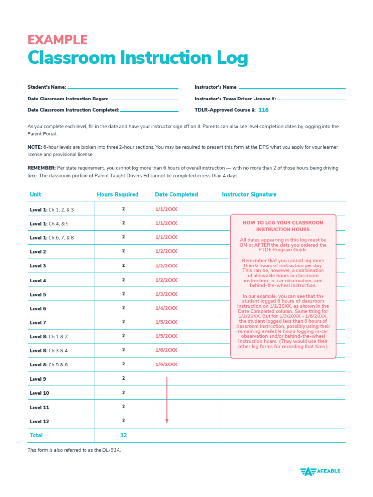 Aceable Classroom Instruction Log | PDF | Behavior Modification | Cognition