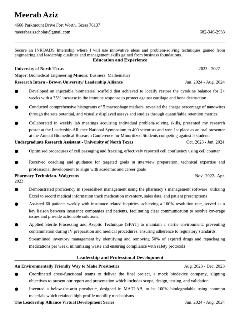 Meerab Aziz - INROADS Resume | PDF