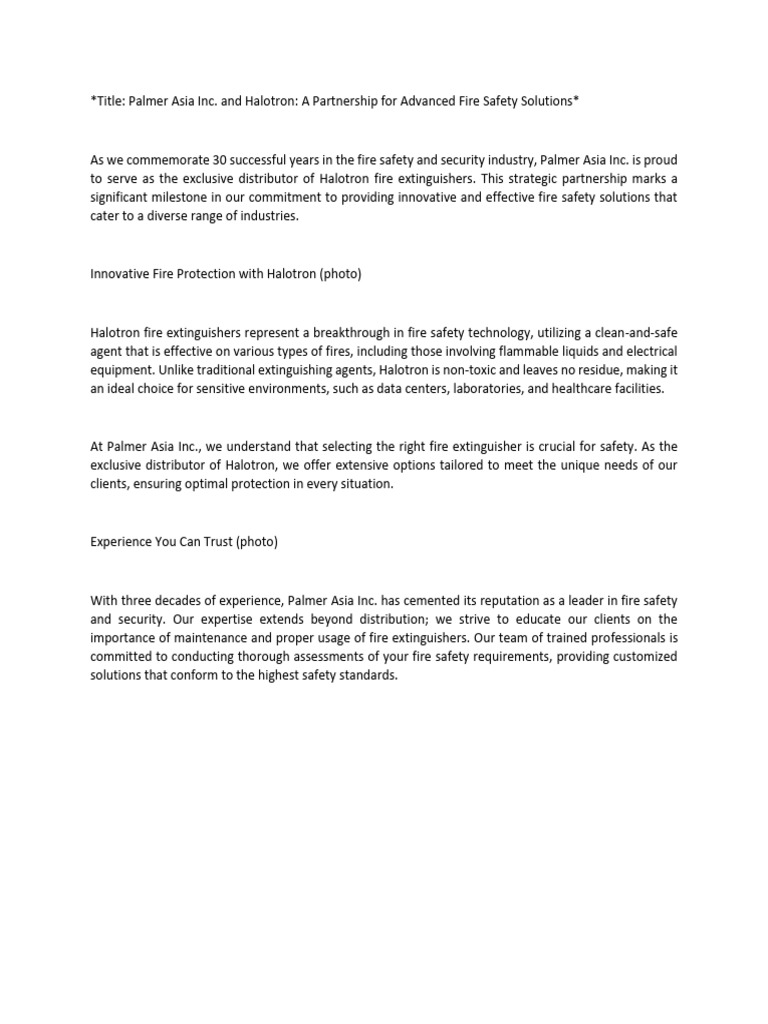 Palmer Asia's Halotron Fire Safety Solutions | PDF | Fire Safety