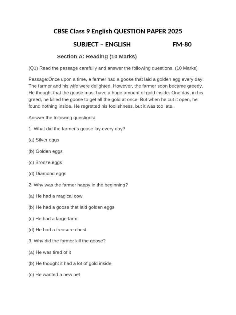 English Question Paper Class 9 2025 | PDF