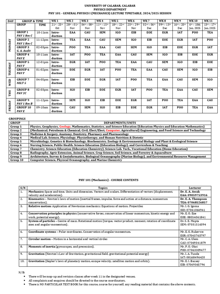 LECTURE TIMETABLE - Updated1 | PDF | Momentum | Angular Momentum
