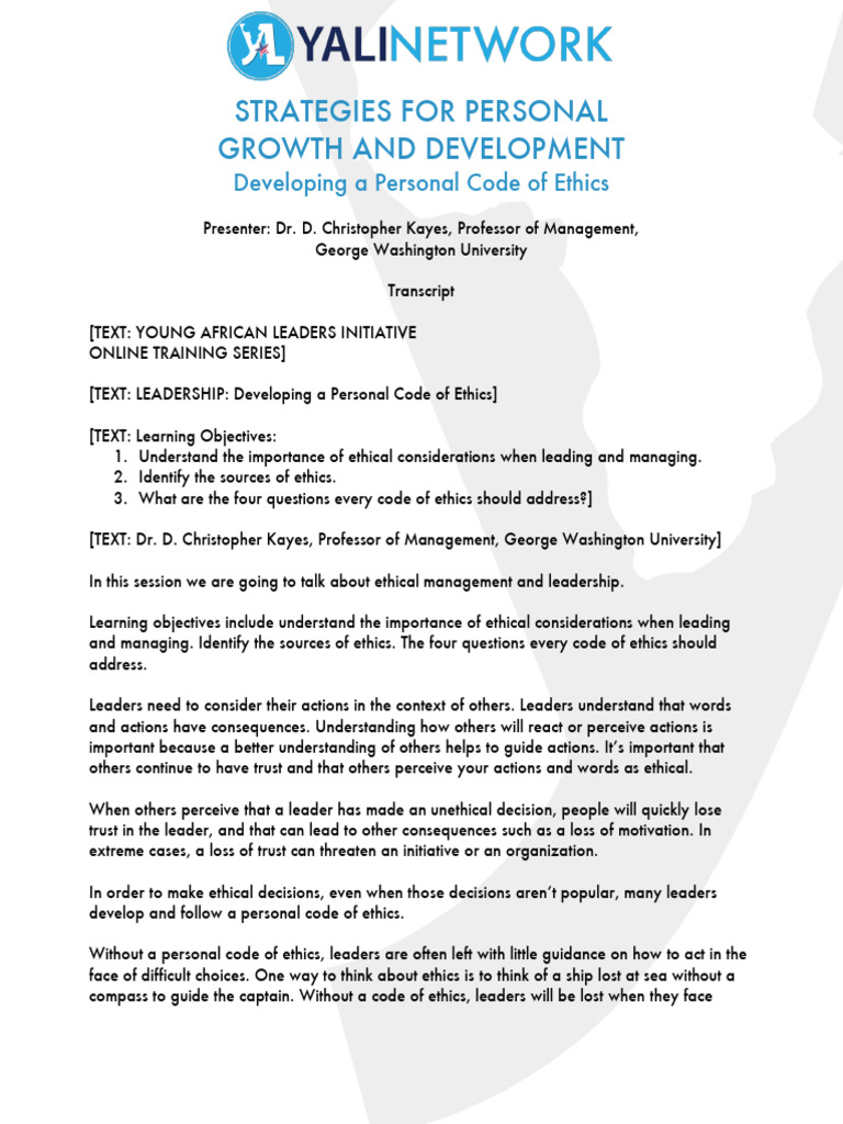 Personal Code of Ethics for Leaders | PDF | Public Speaking